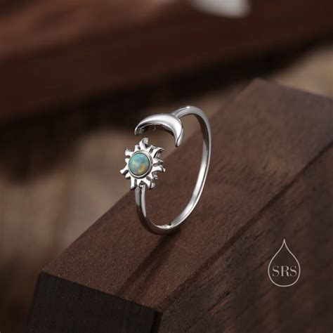 Sterling Silver Opal Moon And Sun Open Ring By Silver Rain Silver