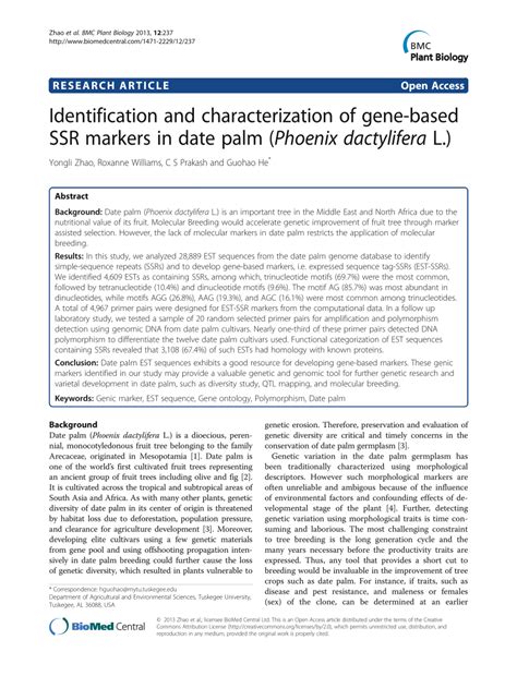 Pdf Identification And Characterization Of Gene Based Ssr Markers In Date Palm Phoenix