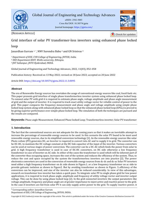 Pdf Grid Interface Of Solar Pv Transformer Less Inverters Using Enhanced Phase Locked Loop