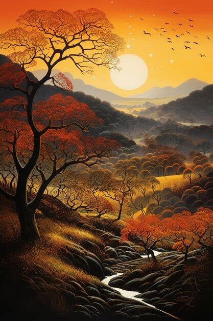 Premium Ai Image Eyvind Earle Sunlight On Trees Hills Leaves Autumn Landscape