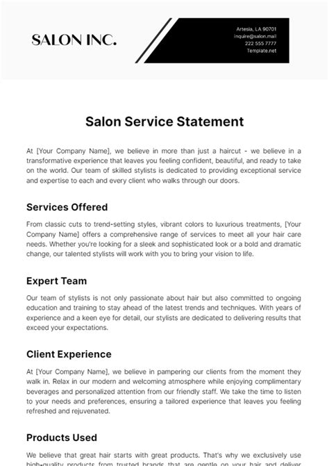 Free Salon Service Statement Template To Edit Online