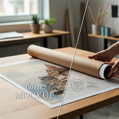 Realistic Rolled Poster Mockup Hand Holding Tube With Unrolled Paper