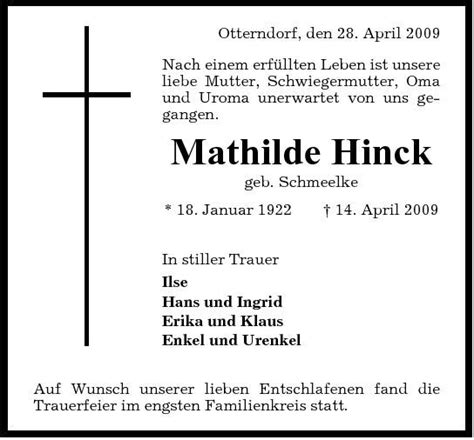 Mathilde Hinck Traueranzeige Cuxhavener Nachrichten