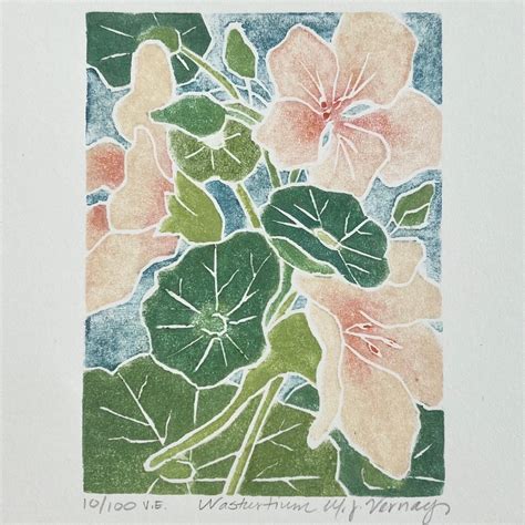 Woodblock Printnasturtium Flower Wall Artsmall Wall Decorhandmade