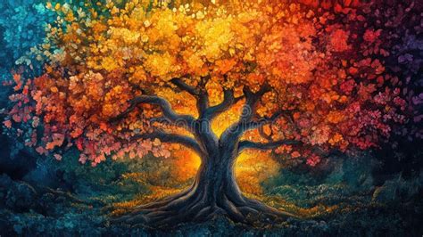 Colorful Tree Of Life Growing On Abstract Swirls Background Stock