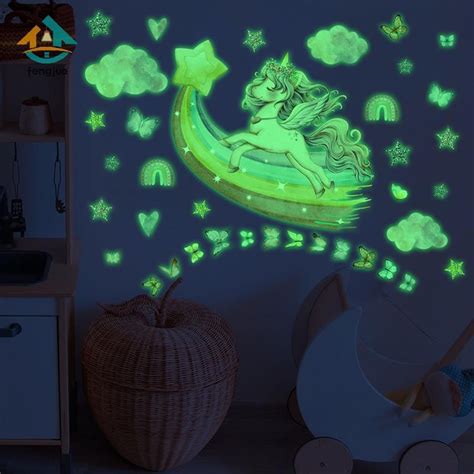 Fengjue Que Brilha No Escuro Arco Íris Unicórnio Nuvem Estrelas Brilham Adesivos De Parede