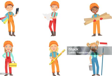 귀여운 아이 건설 노동자 세트 남자와 여자 빌더 캐릭터 에 전문 도구 벡터 일러스트 건설 산업에 대한 스톡 벡터 아트 및 기타 이미지 건설 산업 건축가 공사장 인부