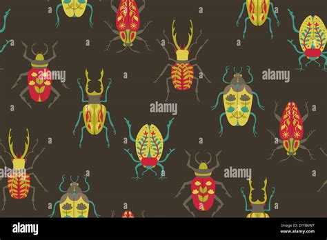 Beetles Seamless Pattern Whimsical Folk Art Insects Different Fantasy