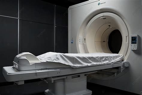 An Empty Mri Machine With A Patient Bed Ready For Medical Imaging Set