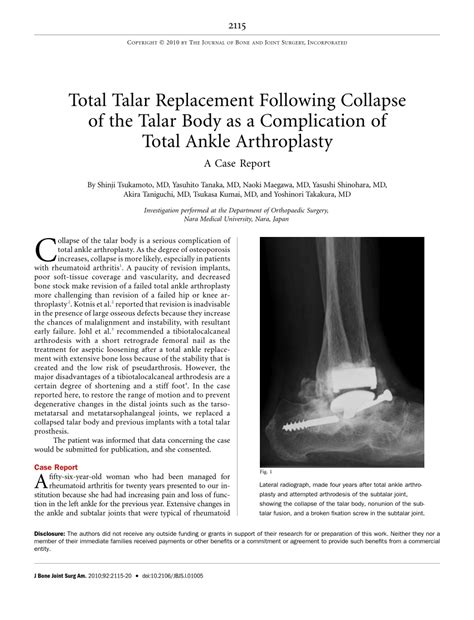 Pdf Total Talar Replacement Following Collapse Of The Talar Body As A