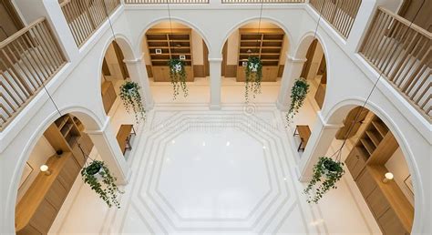 Modern Interior Atrium With Hanging Plants Wood Accents And Natural