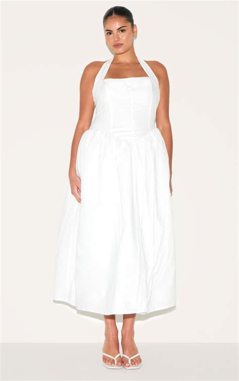 Plus White Embroidered Halterneck Midaxi Dress Plus Size Plt Qa