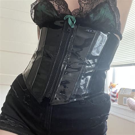 Black Pvc Corset With Zip Up Front And Lace Up Depop