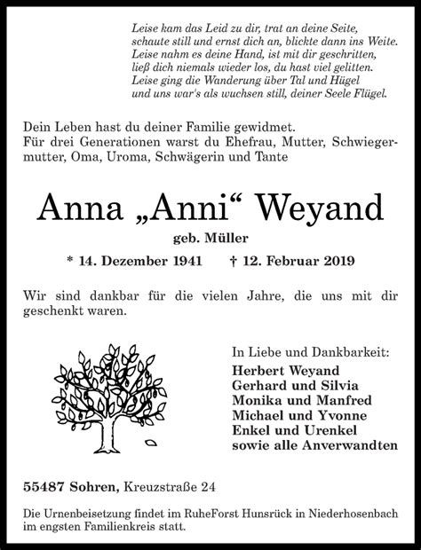 Traueranzeigen Von Anna Weyand Rz Trauer De