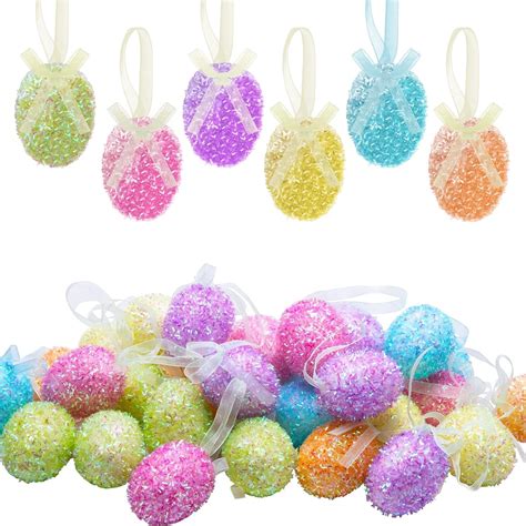 18pcs Easter Hanging Eggs Decorations Colorful Glitter Tinsel Easter