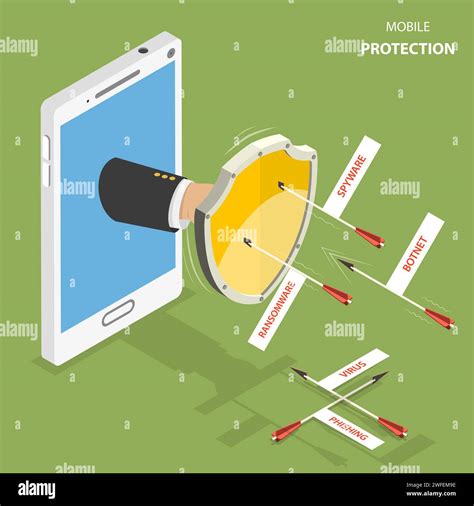 Mobile Protection Flat Isometric Vector Concept Man Hand With A Shield Appeared From Smartphone
