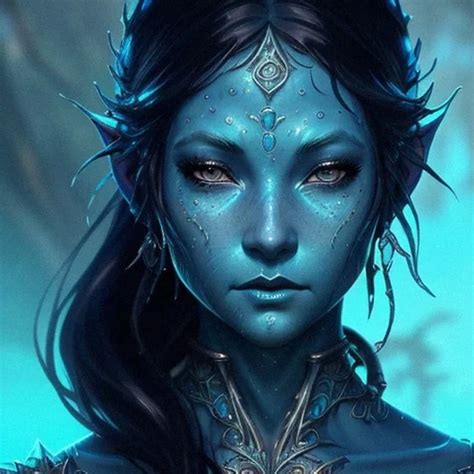 Dnd Water Genasi Female Blue Skin Black Hair 24 Year Old Druid