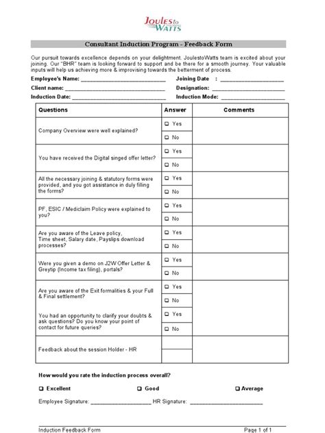 Consultant Induction Program Feedback Form Questions Answer Comments