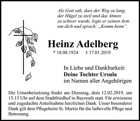 Traueranzeigen Von Heinz Adelberg Nordbayerischer Kurier