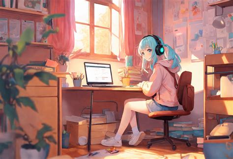 Lexica Anime Girl At Her Desk In College Dorm Doing Homework With