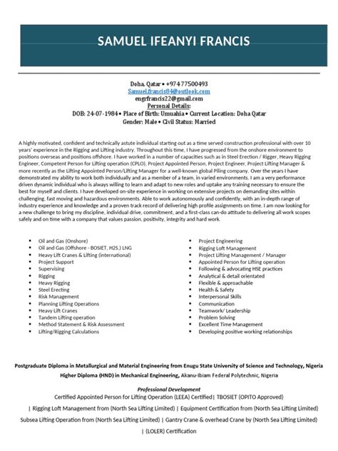 Samuel Francis Lifting Engineer Resume Pdf Crane Machine Audit