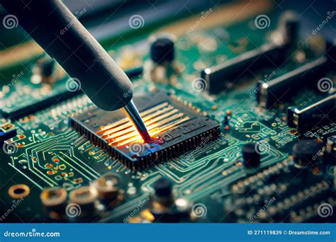 Soldering A Micro Chip Processor With Iron Tool On A Green Circuit Boad Ai Generated Royalty