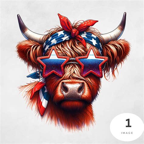 Patriotic Highland Cow Farmhouse Wall Art Usa Flag Cow Digital Art