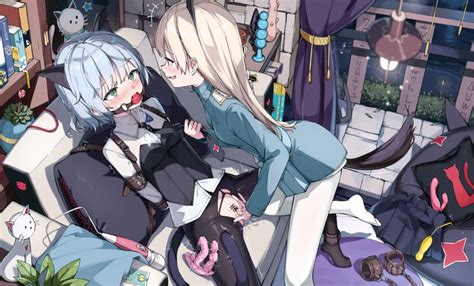 Rule 34 2girls Ball Gag Bar Censor Black Corset Black Necktie Black Pantyhose Blonde Hair