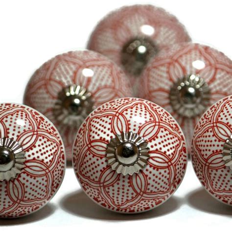 Red And White Ceramic Knobs Kitchen Cabinet Drawer Knobs Etsy