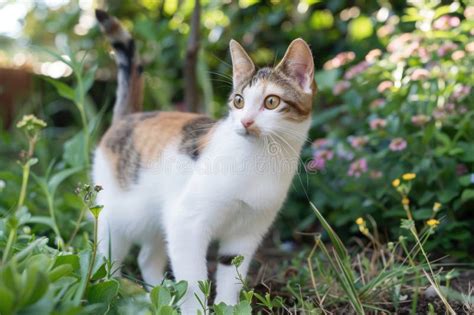 Playful Japanese Bobtail Cat Exploring A Lush Garden With Colorful