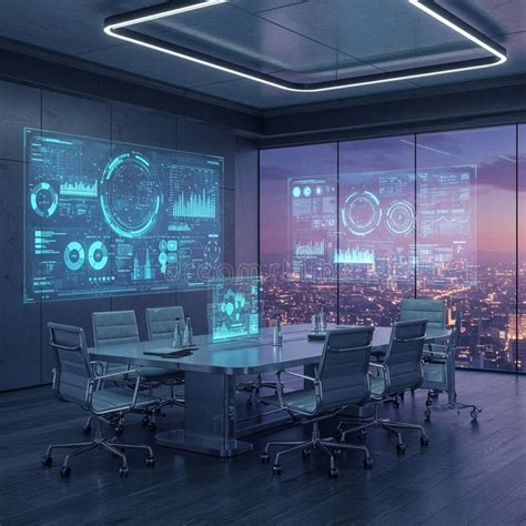 A Modern Conference Room With A Sleek Rectangular Table Surrounded By