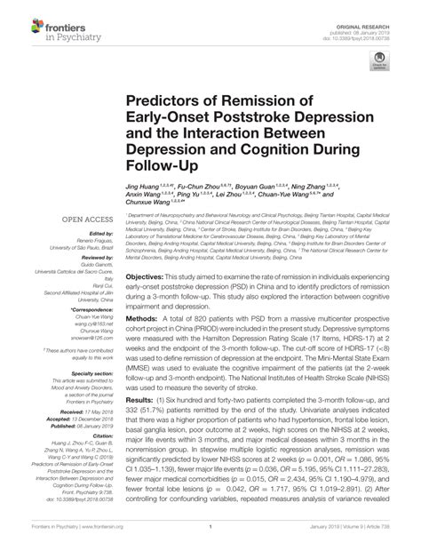 Pdf Predictors Of Remission Of Early Onset Poststroke Depression And