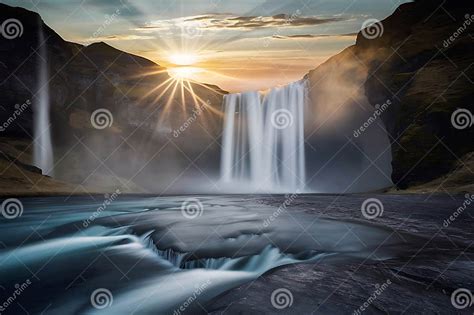 Sunrise Illuminating Majestic Waterfalls Stock Illustration