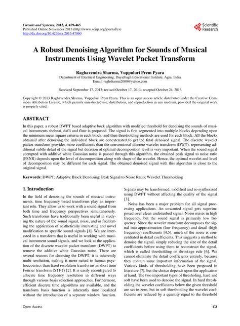 Pdf A Robust Denoising Algorithm For Sounds Of Musical Instruments Using Wavelet Packet Transform