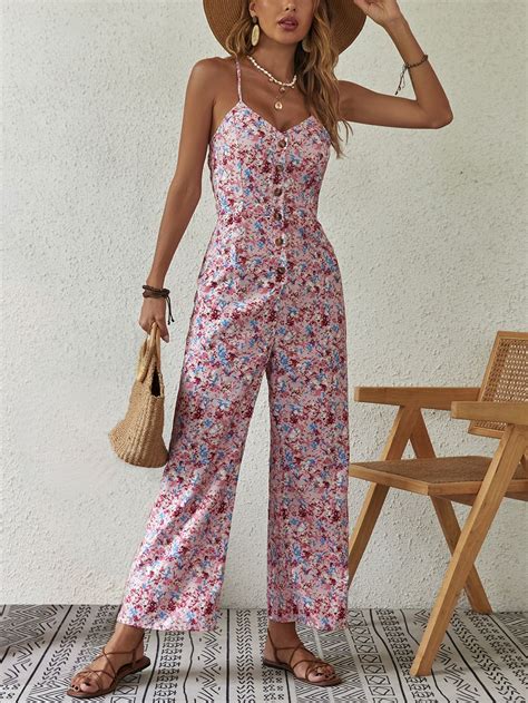 Allover Floral Print Crisscross Back Button Front Cami Jumpsuit Jumpsuit Jumpsuits For Women