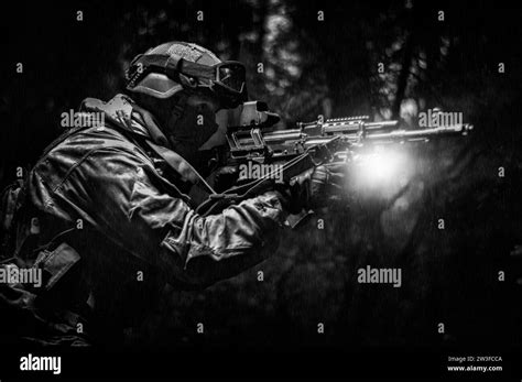Portrait Of A Commando In The Forest The Concept Of Military