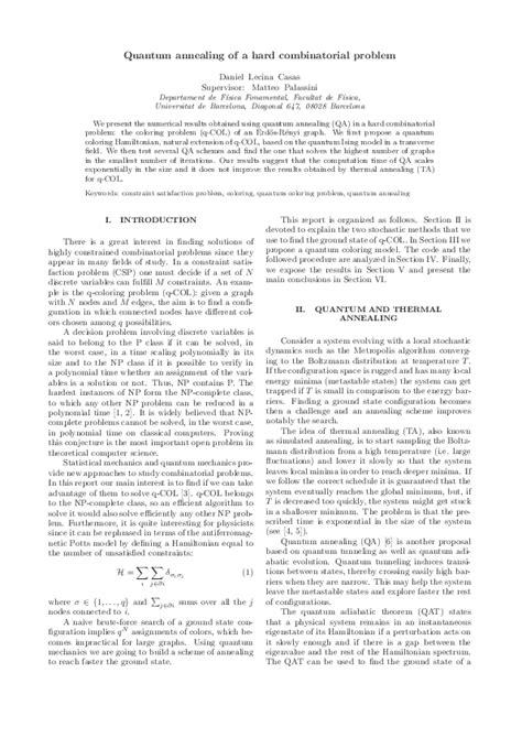 Pdf Quantum Annealing Of A Hard Combinatorial Problem