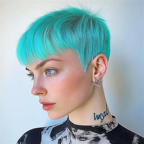 Vibrant Buzz Cut Hairstyle With Stunning Cyan Highlights Premium Ai