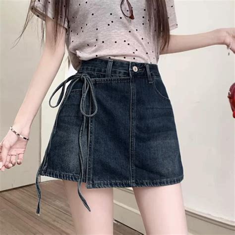 Reisshop 绑带设计高腰牛仔短裙裤