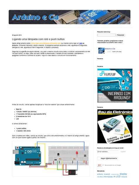Arduino And Cia Ligando Uma Lâmpada Com Relé E Push Button Pdf Arduino Bluetooth