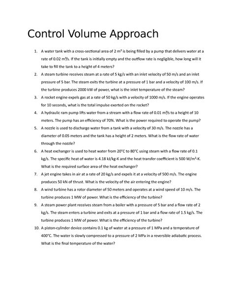 control volume approach if the tank is initially empty and the