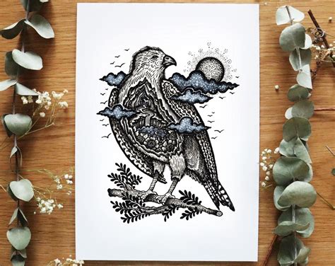 Eagle Familiar Limited Edition Print Pen Drawing Nature Folk Art