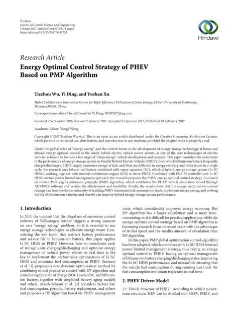 Pdf Energy Optimal Control Strategy Of Phev Based On Pmp Algorithm