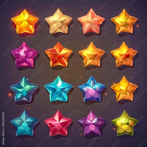 Set Of Fantasy Colorful Stars Icons Isolated 2d Casual Game Asset