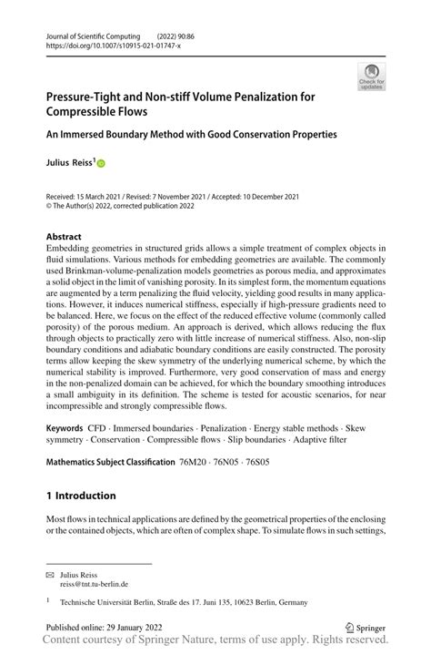 Pdf Pressure Tight And Non Stiff Volume Penalization For Compressible Flows