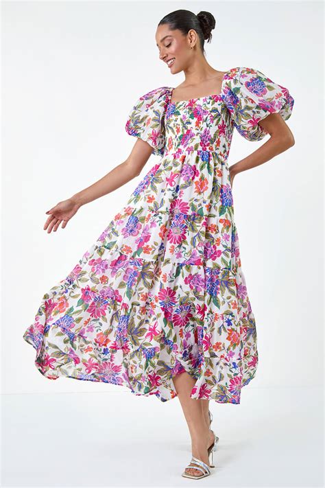 Pink Floral Tiered Puff Sleeve Midi Dress Dusk Uk