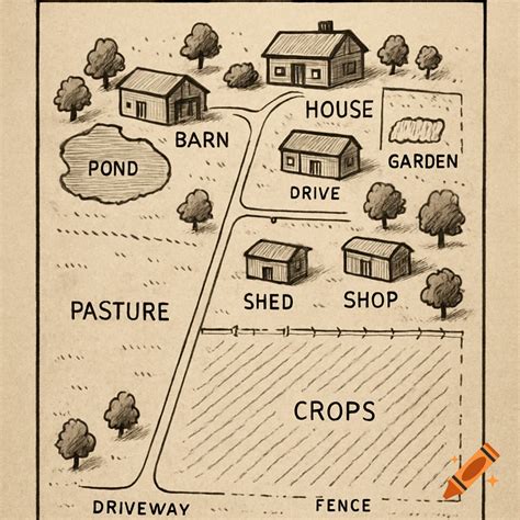 Hand Drawn Map Of A Farm Layout Showing House Barn Pond Fields And