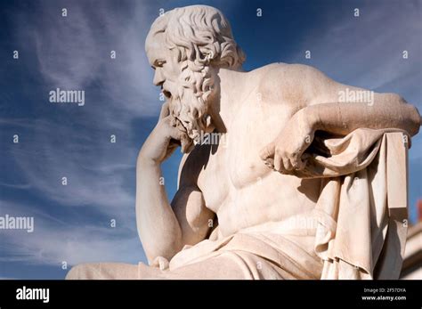 Classic Statue Of Greek Philosopher Socrates Close Up Under Blue Sky
