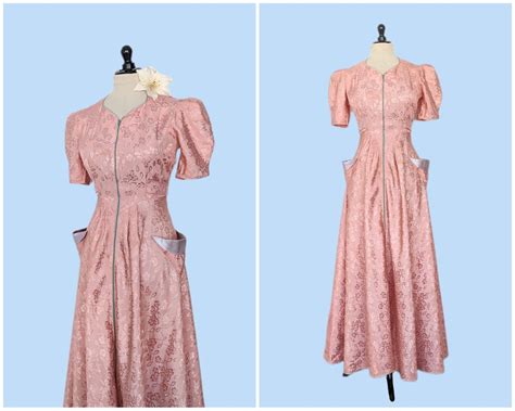 Vintage 1940s Pink Floral Front Zip Dress Vintage 40s Floor Length