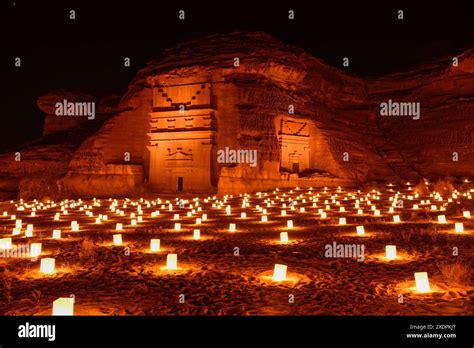 Geography Travel Saudi Arabia Illuminated Nabataeer Graeber At Night Hegra Or Madain Salih